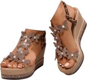 Generic Sandales compens&eacute;es pour femme - Motif papillon et strass &eacute;tincelants - Chaussures orthop&eacute;diques avec bride en T - Bout ouvert - Antid&eacute;rapantes - Styl