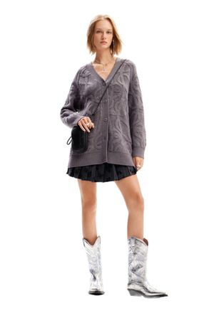 Desigual Womens Woman Flat Knit Thick Gauge Jacket Sweater, Black, S