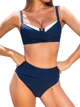 Cupshe Damen Bikini Set Zweiteilige Bademode Verstellbare Träger Hohe Taille Raffung Farbblock Moderner Badeanzug Schwimmanzug Navy L