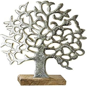 Gilde Deko Figur Baum - Lebensbaum - Aluminium - Silber - auf Holzfuß - Höhe 46 - Breite 49 cm