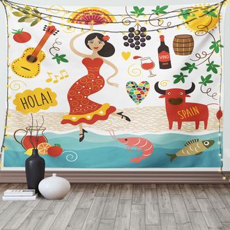 Abakuhaus Spanien Wandteppich und Tagesdecke, Bull Guitar and Dancer, aus Weiches Mikrofaser Stoff Wand Dekoration F&uuml;r Schlafzimmer, 150 x 110 cm, Mehrfarbig