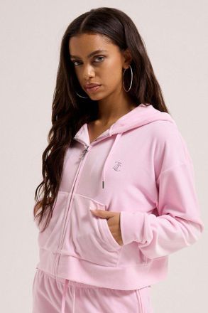 Juicy Couture Kapuzennickijacke ICCLE OUTLINE CROPPED HOODIE. Damen Trainingsjacke Damen, Sweatjacke mit Kapuze, Velour, mit Glitzer, Sale