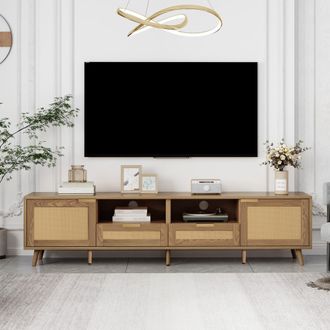 Generic LZPUOUI TV Lowboard Holz Mit Rattanfront T&uuml;ren Und Schubladen Stauraum Massivholzf&uuml;&szlig;e Verstellbare Mittelf&uuml;&szlig;e Pflegeleichte Oberfl&auml;che Fernsehschrank 