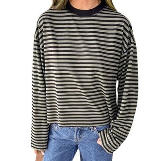 Generic Chemise ray&eacute;e &agrave; manches longues pour femme Y2K surdimensionn&eacute;e col rond vintage automne-hiver &eacute;paules tombantes mignon pull preppy, t-shirts, gris fon