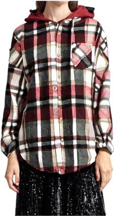 Generic Veste &agrave; capuche &agrave; manches longues en flanelle &agrave; carreaux pour femme avec fermeture &agrave; boutons, Rouge, M