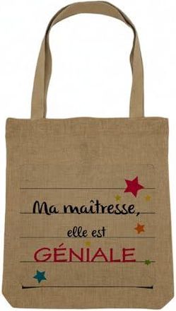 Fabulous Sac Shopping Tote Bag Aspect Lin - Ma Ma&icirc;tresse elle est g&eacute;niale &Eacute;toiles Multicolores - Sac de Courses Toile Epaisse 360g Beige Naturel Cabas Port&eacute; Ep