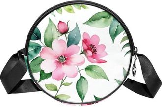 Generic Petit sac &agrave; bandouli&egrave;re circulaire pour femme, motif feuilles florales, sac &agrave; dos avec fermeture &eacute;clair, bretelles r&eacute;glables, sac &agrave; main rond d&eacute;contra