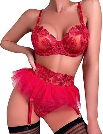 Generic Ensemble de 3 pi&egrave;ces soutien-gorge sexy pour femme avec bride en maille et porte-jarretelles avec broderie &agrave; armatures, Rouge, XL