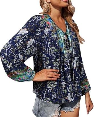 Generic Tunique d&eacute;contract&eacute;e boh&egrave;me en dentelle pour femme - Col en V - Graphique floral brod&eacute; - Haut d&eacute;t&eacute; indien &agrave; volants pour femmes &acirc;g&eacute;es - Coupe ample - 