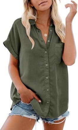 Generic Chemise d&eacute;contract&eacute;e boutonn&eacute;e pour femme, t-shirt &eacute;l&eacute;gant &agrave; col en V &agrave; manches courtes, haut d&eacute;t&eacute; uni avec poches, vert militaire, XXL