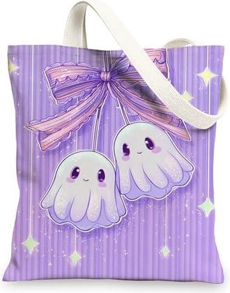 Generic Sacs fourre-tout en toile motif fantôme mignon, sacs dépicerie réutilisables, légers et lavables avec bandoulière pour voyage B, violet, 13x15 Inch