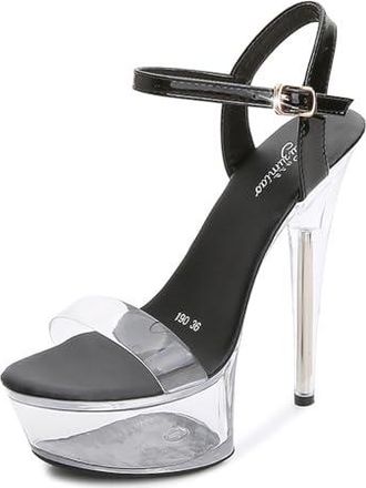 Generic Noir,37 EU,Sandales à Talons Aiguilles Transparents pour Femmes, Bout Ouvert, Plateforme, avec Bride à la Cheville, Boucle, Cristal, Chaussures de soi