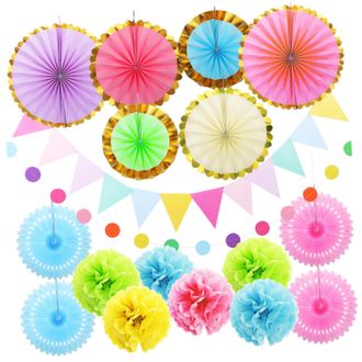 Cabilock Pastellfarbene Papierfächer und Pompons Partyzubehör mit Blumenpapier Wiederverwendbare Geburtstags Klassenzimmerdekoration Leichte Papierdeko für Vie