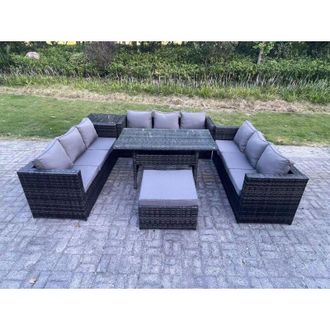 Fimous Fimous 10 places Salon de jardin exterieur en resine Table &agrave; manger rectangulaire avec Grands Tabouret Table dappoint Gris fonc&eacute; m&eacute;lang&eacute;