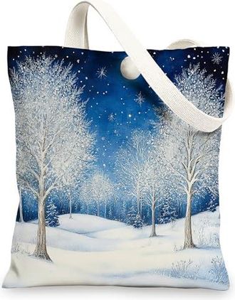 Generic Sac fourre-tout en toile r&eacute;utilisable avec flocons de neige de No&euml;l pour le shopping, 33 x 38 cm, motif for&ecirc;t enneig&eacute;e, sac d&eacute;picerie r&eacute;utilisable pou