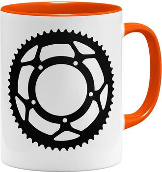 OM3 Kettenblatt Fahrrad Tasse - Keramik Becher - 325ml - Beidseitig Bedruckt - Orange