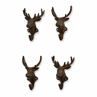 Loberon Haken 4er Set Deer - Rustikale Wandhaken in Form von Elch- & Hirschfiguren - aus Gusseisen - Rost Finish - Chalet-Stil