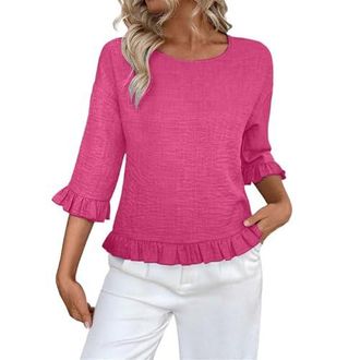 Generic Haut en lin &agrave; manches 3 quarts pour femme - Chemise d&eacute;t&eacute; respirante - Couleur pure - &Eacute;paules tombantes - Ourlet &agrave; volants - Confortable - En coton res