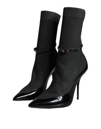 Dolce & Gabbana Womens Black Leather Stilettos Booties Socks Shoes Patent