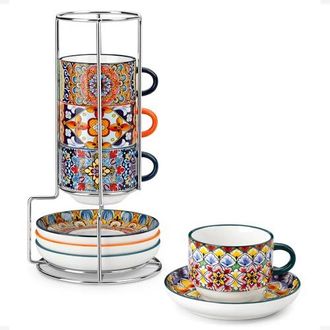 VANCASSO SIMI Lot de 8 Tasses &agrave; Caf&eacute; avec Soucoupes (270ml) - Service &agrave; Caf&eacute; avec Support M&eacute;tal pour 4 Personnes - Porcelaine pour Expresso, Cappuccino - Style