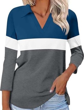 Generic Polo à manches 3/4 pour femme - Rayé - Couleurs contrastées - Pour le travail, le travail, le golf et le tennis, 05, M
