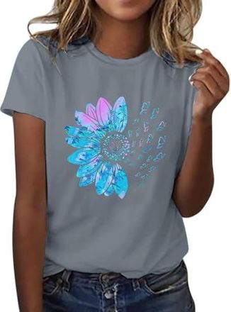 Generic T-shirt d&eacute;contract&eacute; &agrave; manches courtes et col rond pour femme - Motif floral et papillon - Doux et l&eacute;ger - Pour un usage quotidien, les vacances, l&eacute;t&eacute;,