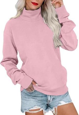 Generic Sweat-shirt &agrave; col montant pour femme - Sweat en polaire de couleur unie &agrave; manches longues - Pull mignon, rose, M