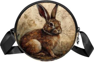 Generic Sac &agrave; bandouli&egrave;re rond pour femme, motif lapin vintage, sac &agrave; dos &agrave; bandouli&egrave;re avec fermeture &eacute;clair, bretelles r&eacute;glables, sac &agrave; main rond d&eacute;contract