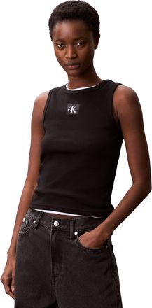 Calvin Klein Damen Tank Top Woven Label Cotton Rib mit Logo, Schwarz (Black), XXS
