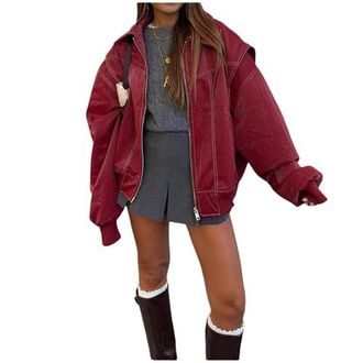 Generic Veste bomber surdimensionn&eacute;e en cuir patchwork vintage avec fermeture &eacute;clair pour femme, Rouge, XL