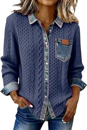 Generic Chemisier &agrave; manches longues vintage en tricot gaufr&eacute; pour femme - Chemisier en denim patchwork - T-shirt &agrave; manches longues boutonn&eacute; - Coupe confortabl