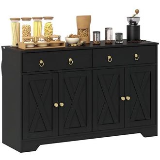 HOMCOM Buffet Meuble de Rangement Armoire de Cuisine Style Rural 2 tiroirs et 2 placards avec étagères à hauteurs réglables - dim. 121L x 37l x 75H cm Noir