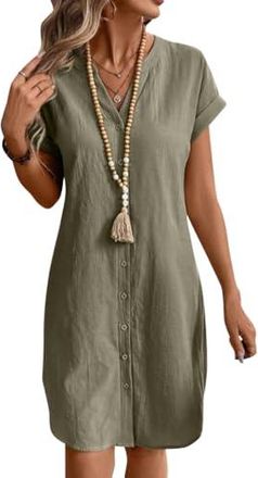 TOMWELL Robe Femme Été Col V Manches Courtes Couleur Unie Chemise Boutons Lin Robe A Armée Verte XXL