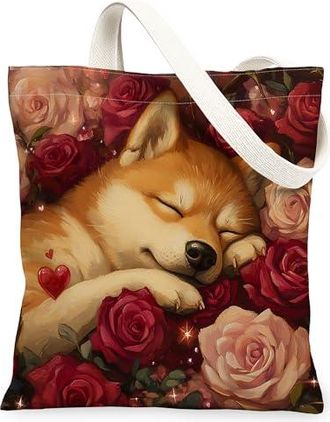 Generic Shiba Inu Sac fourre-tout en toile pour le shopping Motif roses romantiques 33 x 38 cm Sac d&eacute;picerie r&eacute;utilisable pour femme, animal domestique, voyag