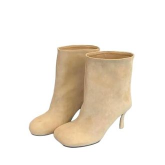 Generic JCVBN Bottes de cheville pliss&eacute;es &agrave; bout rond pour femmes &agrave; talons fins pour lhiver concis Chelsea court Botas Mujer, abricot, 40.5 EU