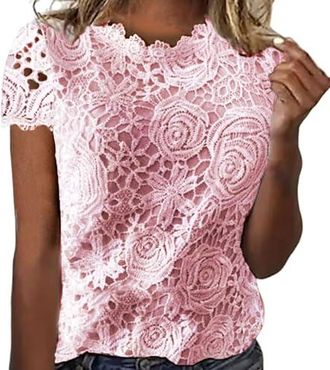 Generic Chemise à manches courtes en dentelle pour femme Printemps et été 2026, rose, XXL