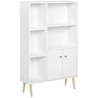HOMCOM Biblioth&egrave;que scandinave Meuble de Rangement dim. 80L x 23,5l x 123H cm 5 niches Placard 2 Portes Pieds effil&eacute;s inclin&eacute;s Bois Massif Panneaux Particule