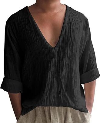 Generic Chemises en lin pour homme - Chemise blanche &agrave; manches courtes pour le Royaume-Uni - T-shirt &agrave; col en V - Coupe ajust&eacute;e - T-shirt surdimensionn&eacute; en co