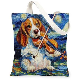 Generic Sac fourre-tout en toile r&eacute;utilisable pour le shopping Motif l&eacute;vrier basset 33 x 38 cm, motif violon nocturne &eacute;toil&eacute;, sac d&eacute;picerie pour femme, animal