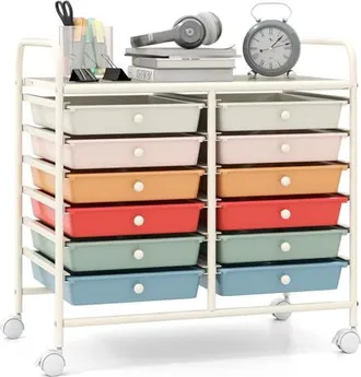 Giantex Chariot de Rangement, 12 Tiroirs, Roulettes Pratiques, Grande Planche de Travail, Poign&eacute;es Lat&eacute;rales, Glissi&egrave;res Douces, Chariot Polyvalent pour Salon