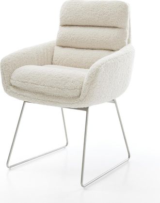 DELIFE Esszimmerstuhl Abelia-Flex mit Armlehnen Teddystoff Beige Kufengestell Edelstahl, Esszimmerst&uuml;hle