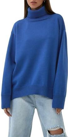 Generic Pull oversize &agrave; col roul&eacute; d&eacute;contract&eacute; et manches longues pour femme - Pull ample en tricot pour lautomne et lhiver, bleu, M