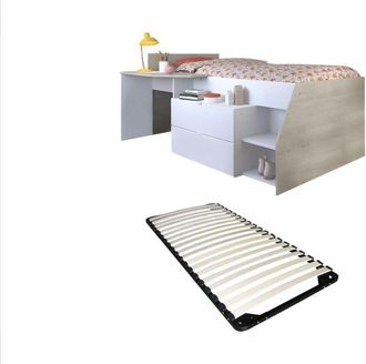 Vente-Unique Lit avec bureau et rangements - 90 x 190/200 cm - Blanc et naturel + Sommier - GISELE