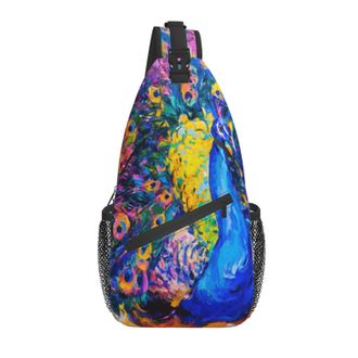 AOOEDM Ölgemälde Bunte Pfauenfeder Kreuz Brusttasche Diagonal Sling Rucksack Crossbody Umhängetasche Reisen Wandern Tagesrucksäcke für Männer Frauen