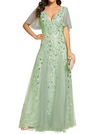 Ever-pretty Damen A-Linie Abendkleider V-Ausschnitt Romantisches Kurze Ärmel Elegant Partykleid Lang Minzgrün 52