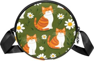 Generic Sac &agrave; bandouli&egrave;re rond pour femme, motif chats et marguerites, sac &agrave; dos avec fermeture &eacute;clair, bretelles r&eacute;glables, sac &agrave; main rond d&eacute;contract&eacute; pour 