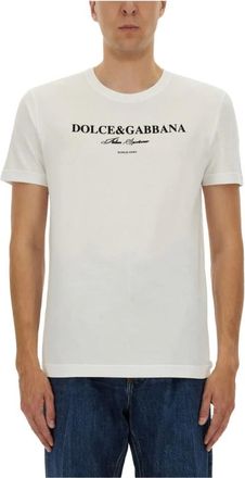 Dolce & Gabbana Homme, Tops, Blanc, Taille: S T-shirt en coton avec imprim&eacute;