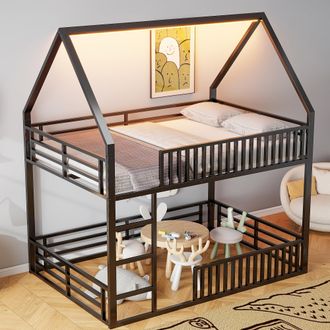 Myboo Kinderbett Etagenbett 140x200, Hochbett Hausbett mit LED-Licht & Dach & Leiter, Metallbett mit Rausfallschutz, Doppelbett Bettgestell Jugendbett Stock