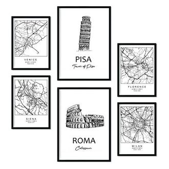 Nacnic Set 6 posters de Italie. Affiches de cartes et monuments en noir et blanc pour votre maison, entreprise et bureau. Décoration intérieure de style nord