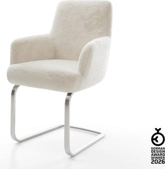 DELIFE Freischwinger Heira-Flex mit Armlehnen Pl&uuml;sch Creme-Wei&szlig; Freischwinger flach Edelstahl Taschenfederkern, Esszimmerst&uuml;hle